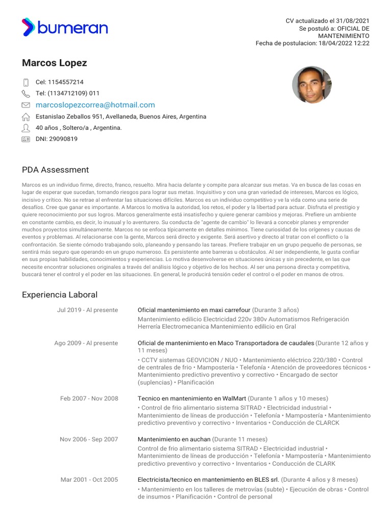 OFICIAL DE MANTENIMIENTO CV Marcos Lopez | PDF