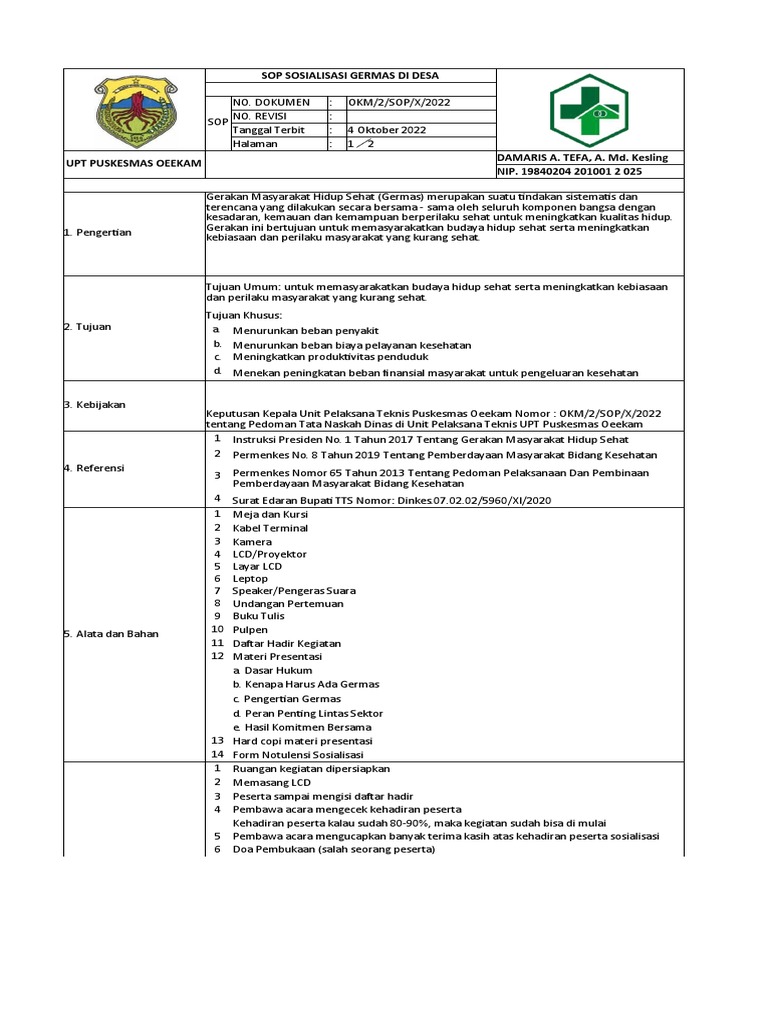 Sop Sosialisasi Germas Upt PKM Oeekam | PDF