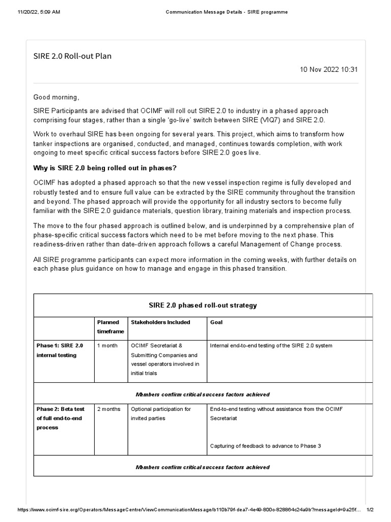 SIRE 2.0 Roll Out Plan | PDF