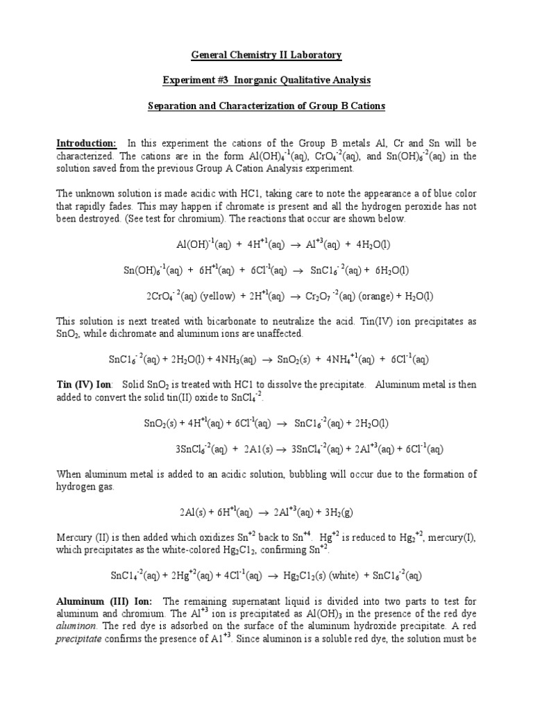 CHEM-1100 Exp 3, Group B Cation Analysis | PDF | Precipitation ...