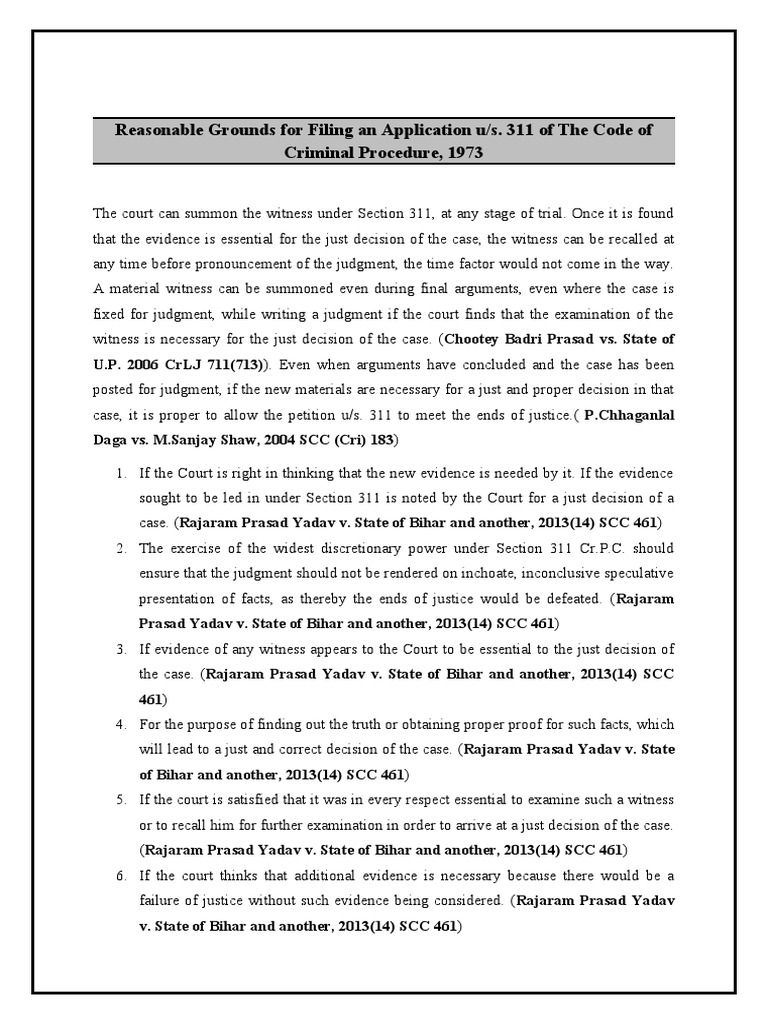 Reasonable Grounds Section 311 of CRPC | PDF | Judgment (Law) | Witness