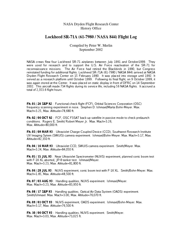 Lockheed SR-71A (61-7980 / NASA 844) Flight Log | PDF | Spacecraft ...