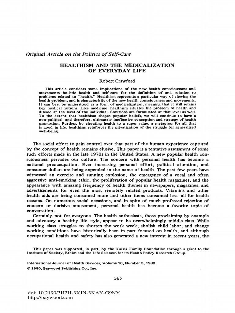 Crawford - 1980 - Healthism and The Medicalization of Everyday Life ...