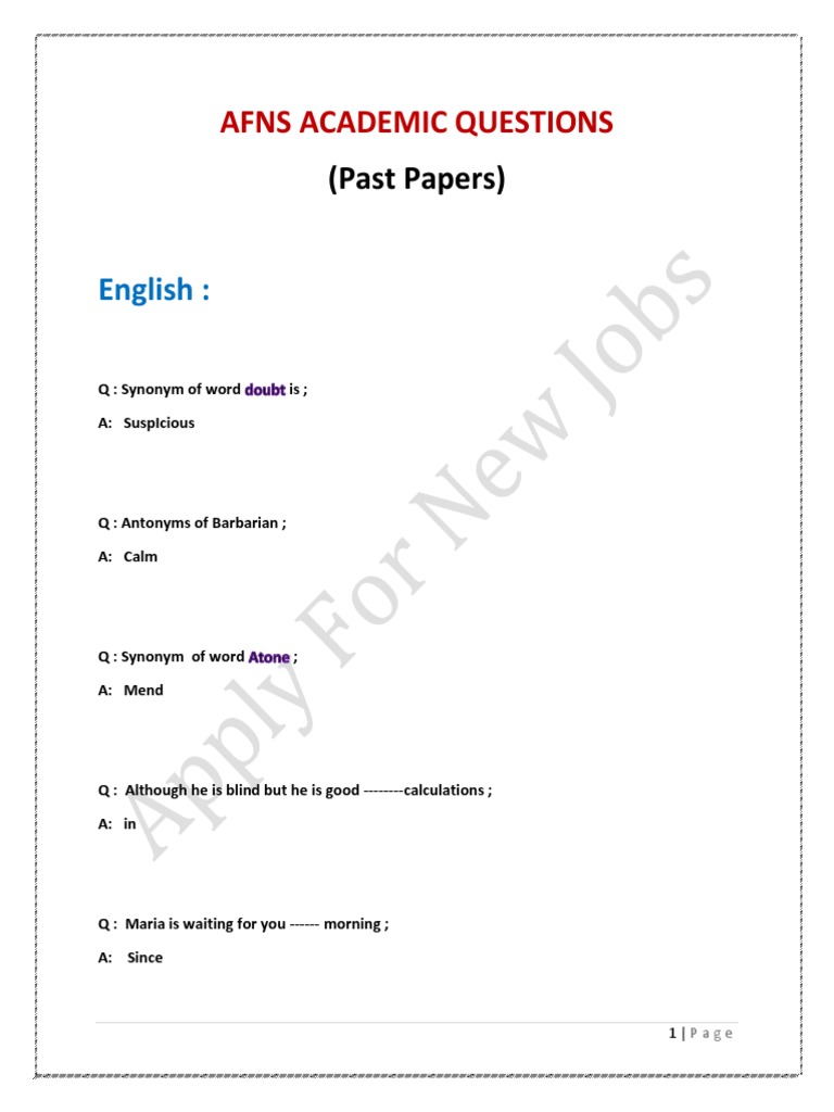 English AFNS Past Papers | PDF | Linguistic Morphology | Vocabulary