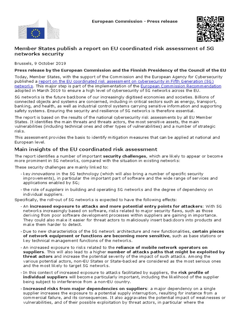 Member States Publish A Report On EU Coordinated Risk Assessment of 5G ... Member States Publish A Report On EU Coordinated Risk Assessment of 5G ...