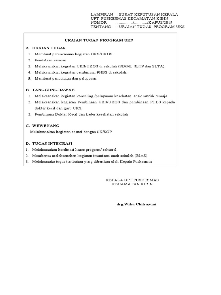 Uraian Tugas Program UKS Puskesmas | PDF