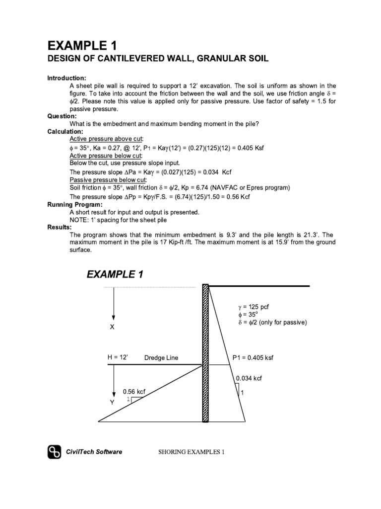 EXAMPLE 1 DESIGN OF CANTILEVERED WALL, GRANULAR SOIL - Retaining Wall | PDF