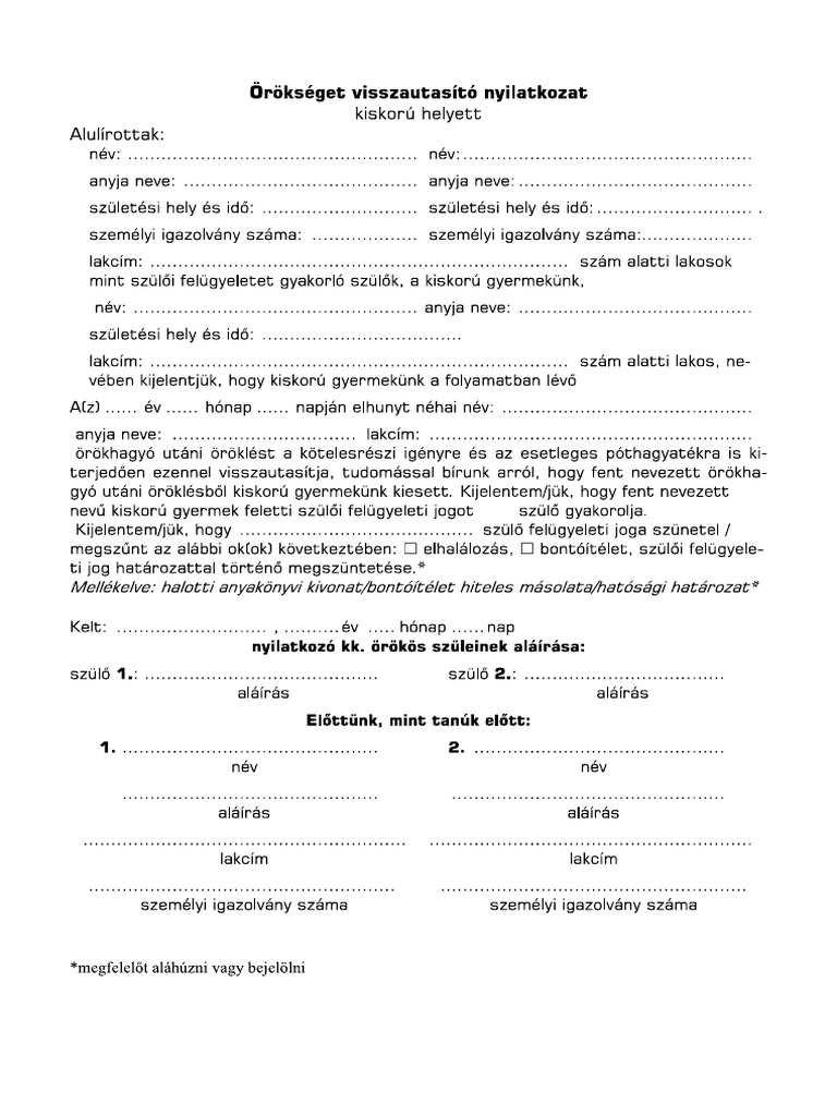 Örökséget Visszutasító Nyilatkozat Kiskorú Nevében | PDF