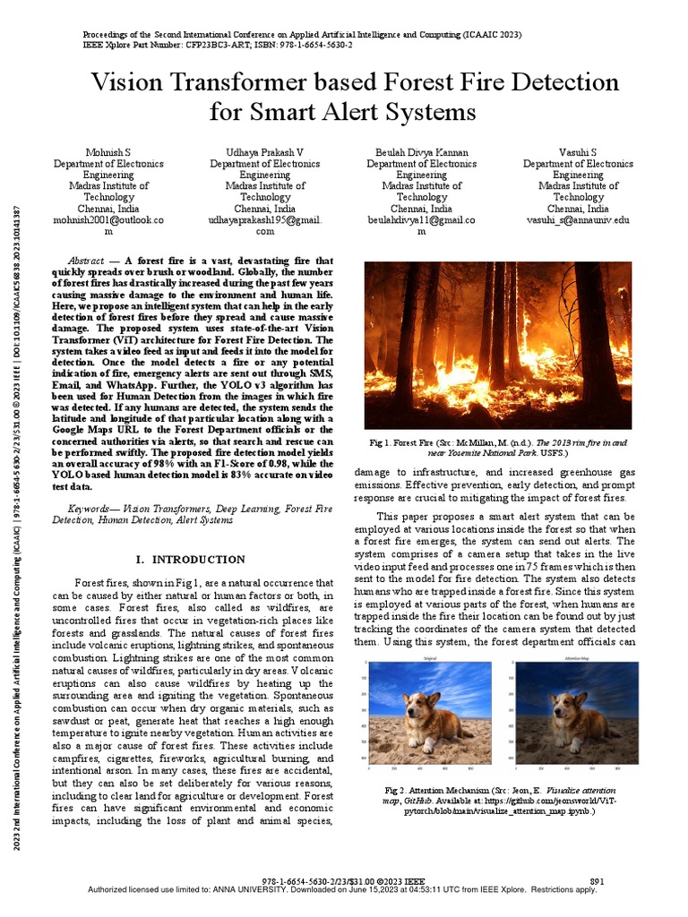 Vision Transformer Based Forest Fire Detection For Smart Alert Systems Download Free Pdf