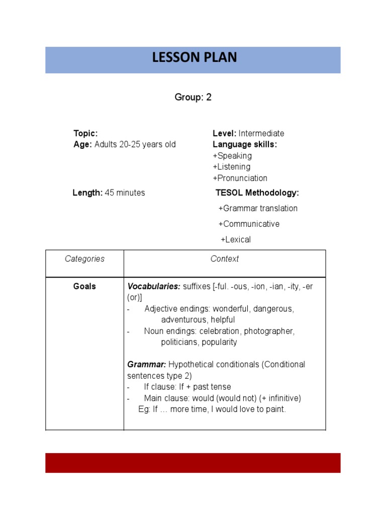 Lesson Plan - Group 2 | PDF | Adjective | Teachers
