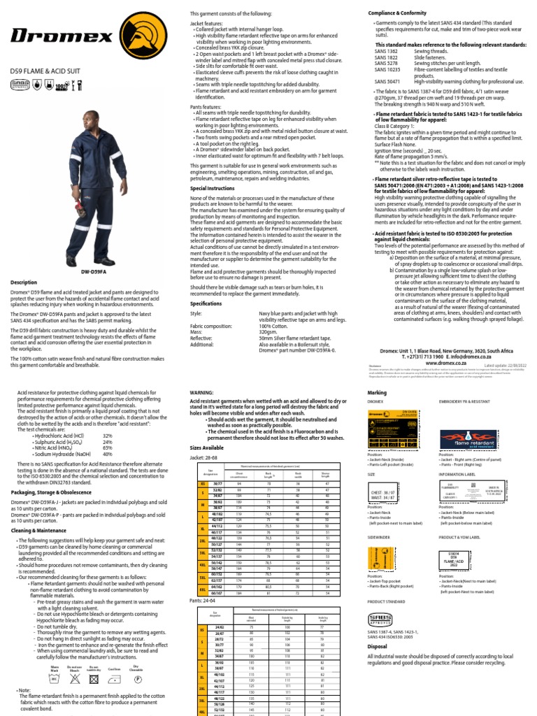 Technical Datasheet D59 FLAME ACID SUIT | PDF | Textiles | Clothing