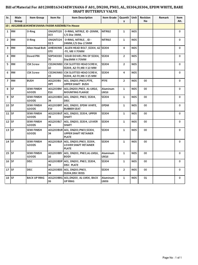Bill of Material For A01200B163434EW1NANA-F A01, DN200, PN03, AL, SS304 ...