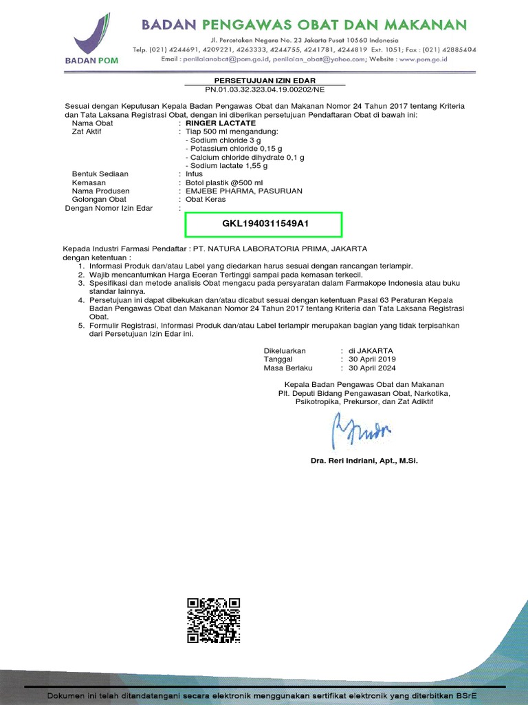 Persetujuan Izin Edar Ringer Lactate Infus @500 ML | PDF