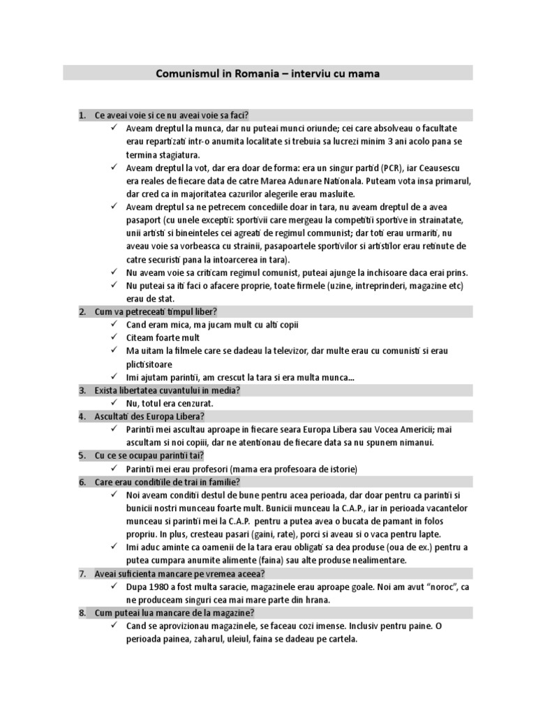 Comunismul in Romania - Interviu Cu Mama | PDF