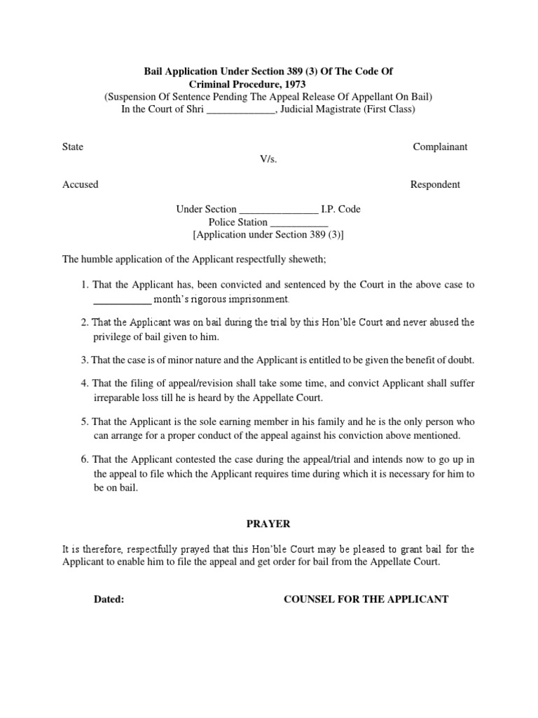 BAIL APPLICATION UNDER SECTION 389 (3) of CRPC, 1973 | PDF | Finance & Money Management | Social ...