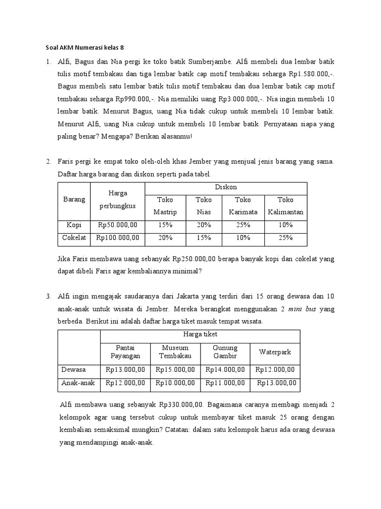 Soal AKM Numerasi Kelas 8 | PDF