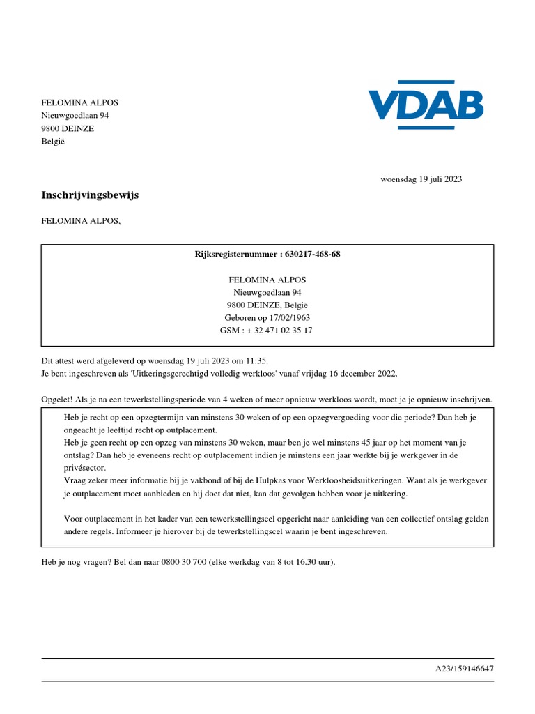 Inschrijving Werkloos Felomina | PDF