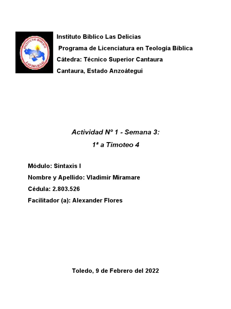 Actividad #1 - Semana 3 - 1 A Timoteo 4 | PDF | Sintaxis | Lingüística