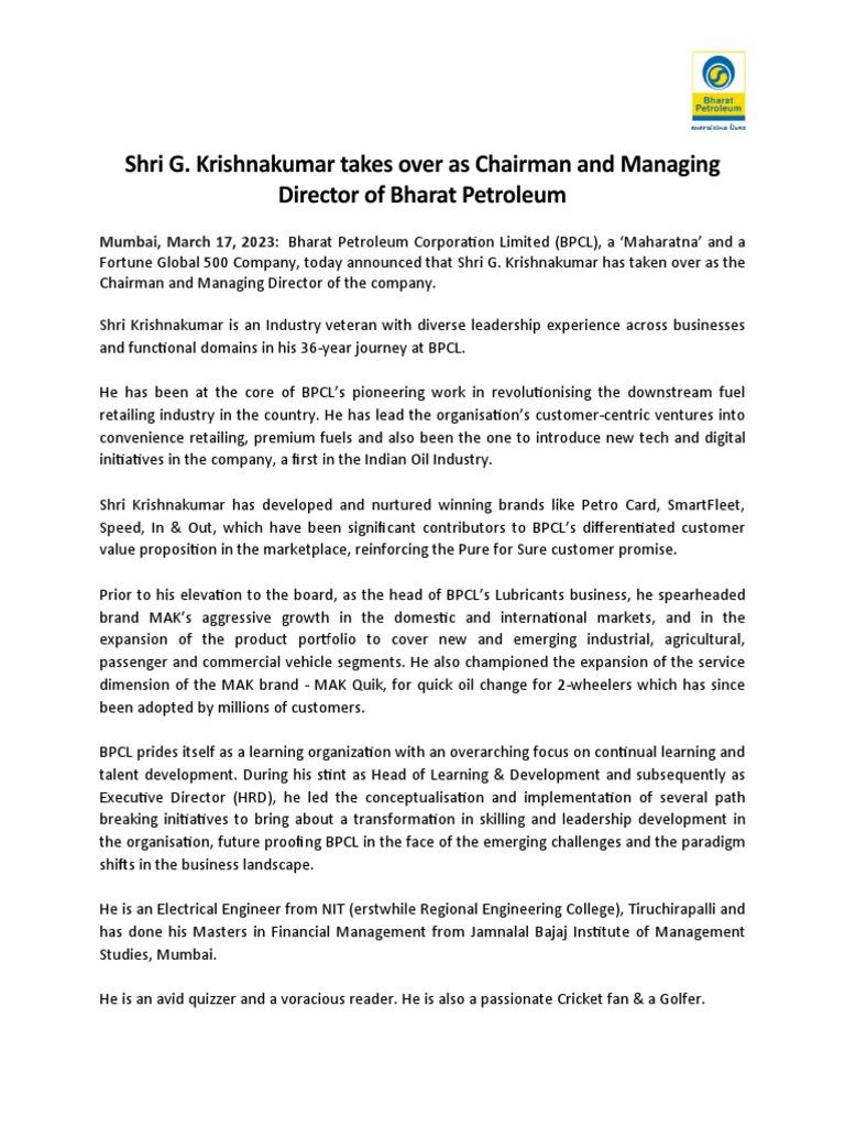 Shri G. Krishnakumar Takes Over As Chairman and Managing Director of Bharat Petroleum | PDF ...