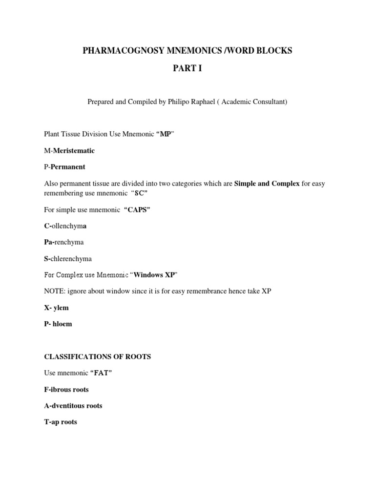 Pharmacognosy Mnemonics | PDF | Alkaloid | Water