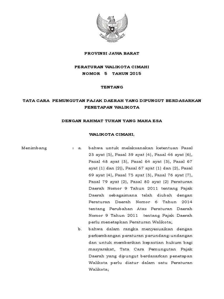 Perwal Kota Cimahi No 5 Tahun 2015 Tentang Tata Cara Pemungutan Pajak ... Perwal Kota Cimahi No 5 Tahun 2015 Tentang Tata Cara Pemungutan Pajak ...