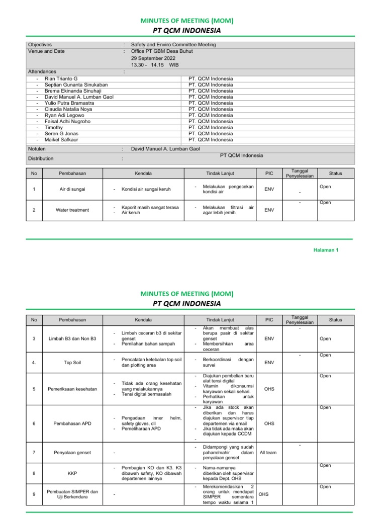 MoM Safety Adn Env Meeting | PDF