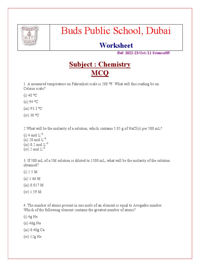Grade 11 - Chemistry - Complete Worksheet | PDF