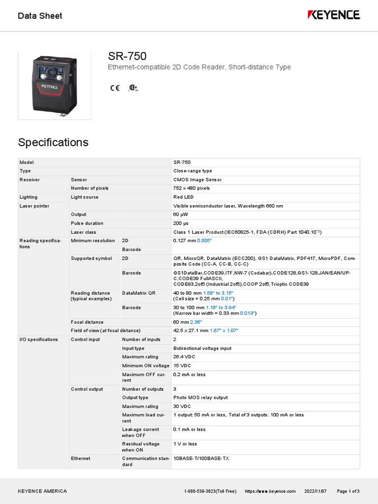 SR-750 Ethernet 2D Code Reader Data Sheet | PDF | Laser | Barcode