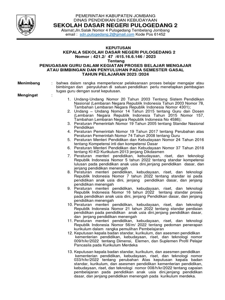 SK Pembagian Tugas Semester 1 2023-2024 | PDF