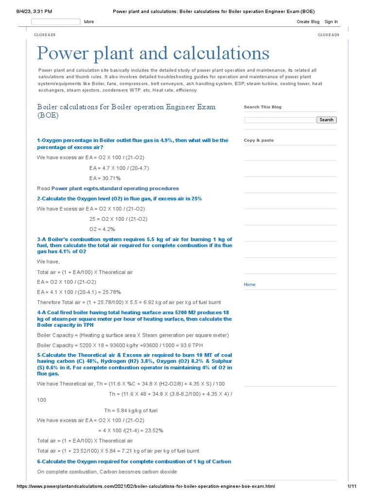 Power Plant and Calculations - Boiler Calculations For Boiler Operation ...