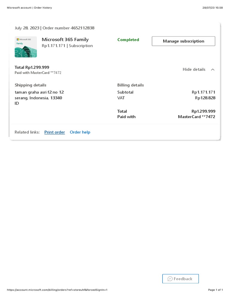 Microsoft Account - Order History | PDF