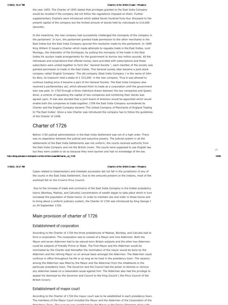 Charters of 1726 and 1753 of The British Crown | PDF