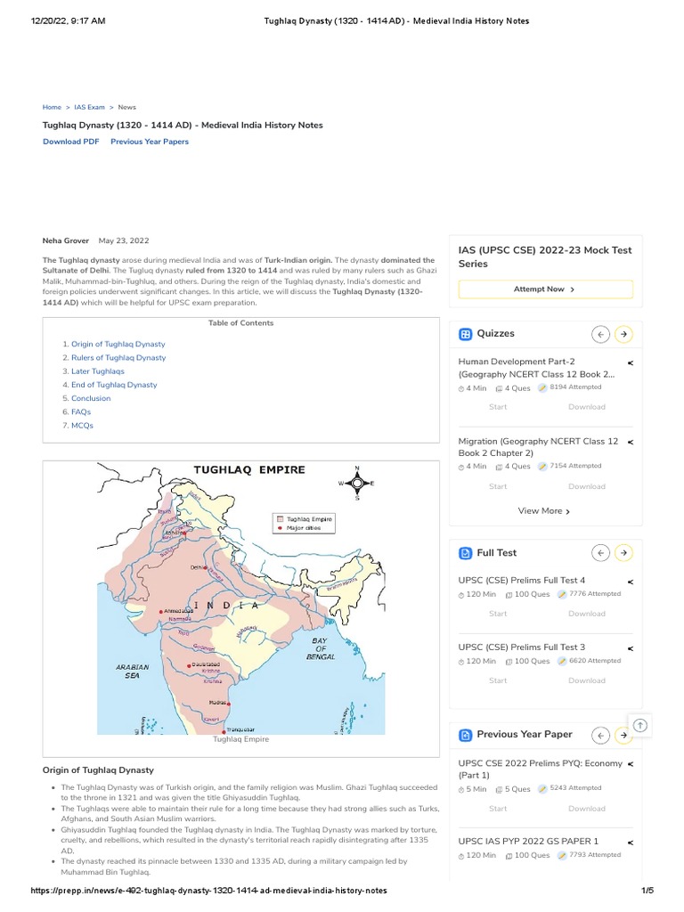 Tughlaq Dynasty (1320 - 1414 AD) - Medieval India History Notes | PDF
