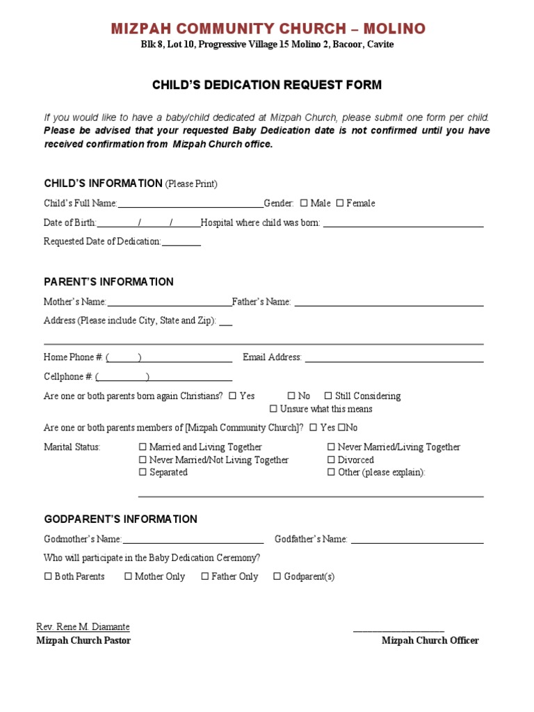 Baby Dedication Request Form | PDF | Godparent | Conversion To Christianity