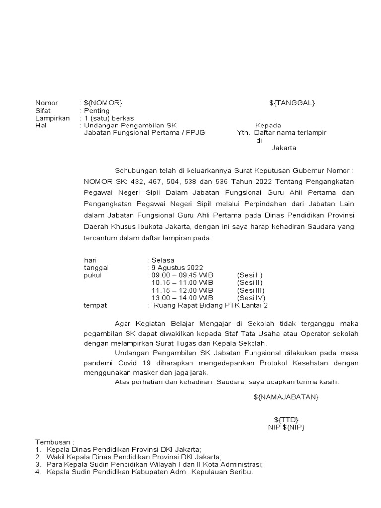 Undangan Pegambilan SK PPJG Bulan Agustus 2022 | PDF