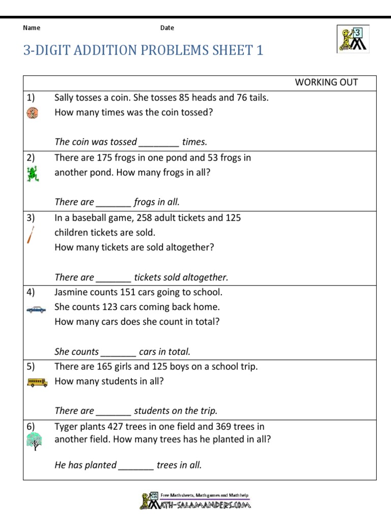 3 Digit Addition Word Problems 1 | PDF