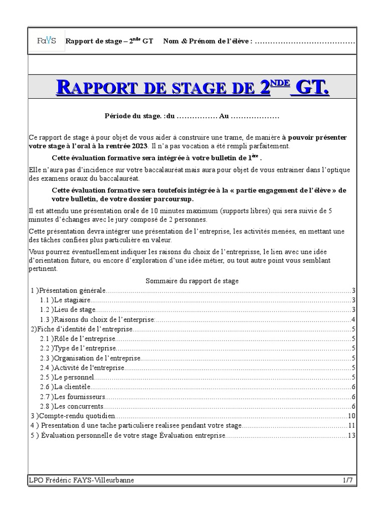Rapport Stage 2nde GT (Lpo Fays) | PDF | Career & Growth