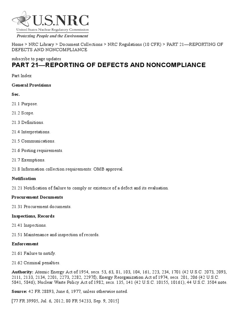 NRC - 10 CFR Part 21-Reporting of Defects and Noncompliance | PDF