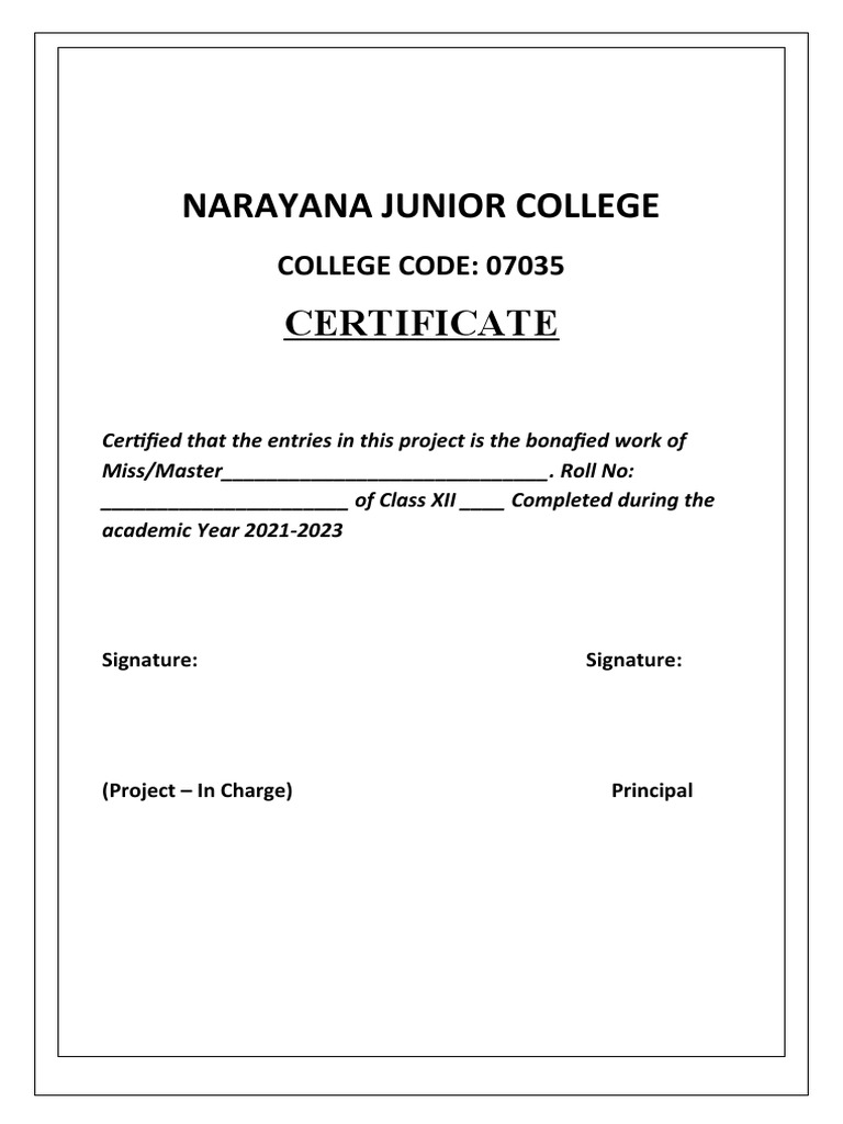 Certificate Narayana Junior College Pdf