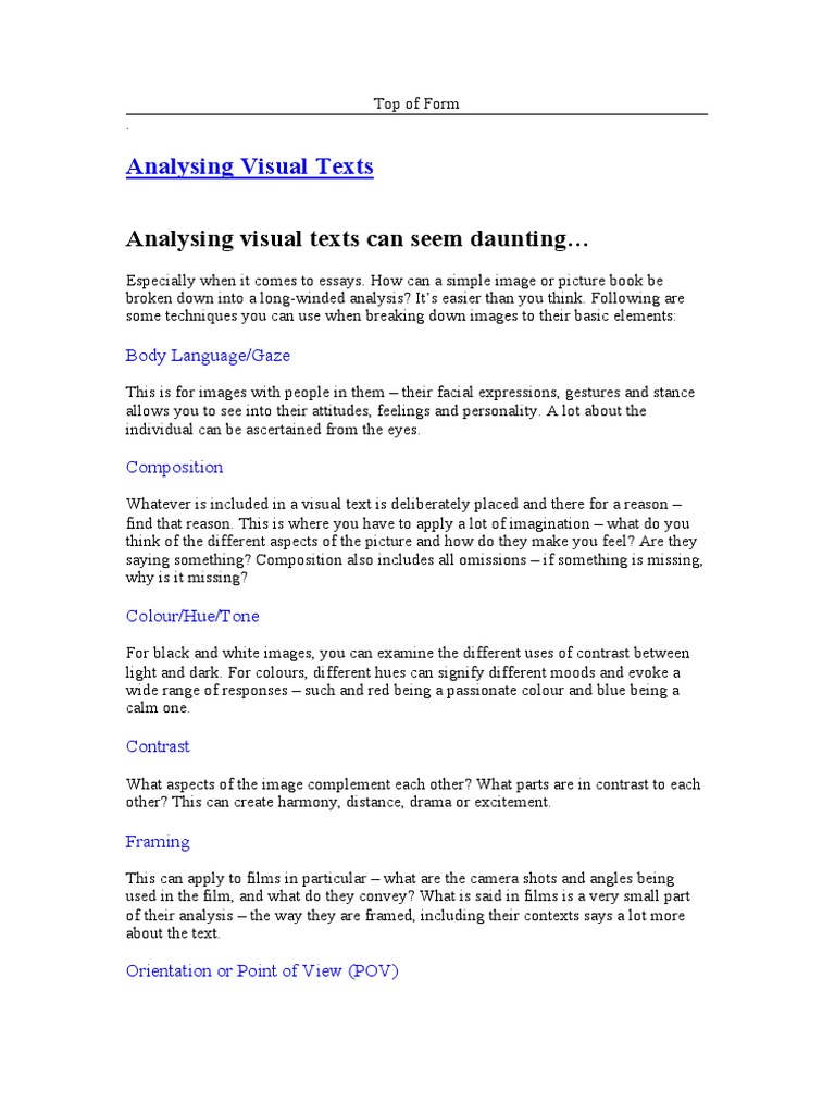 Analysing Visual Texts Year 9-10 Techniques Explanation | PDF ...