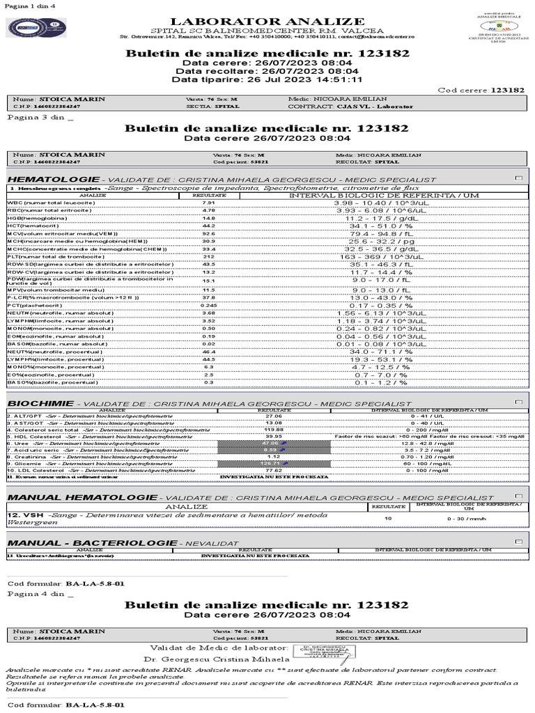 Buletin Analize Medicale Nr. 123182 | PDF | Lipid | Metabolic Disorders