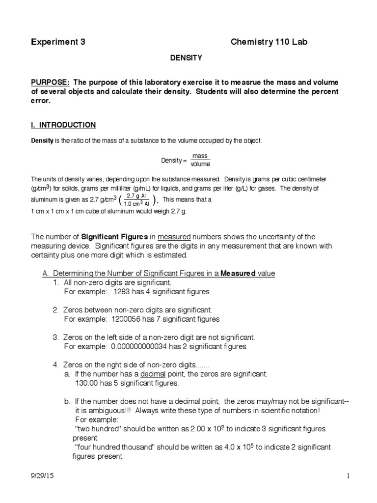 Chem 110 Exp 3 Density 2015 | PDF | Significant Figures | Density