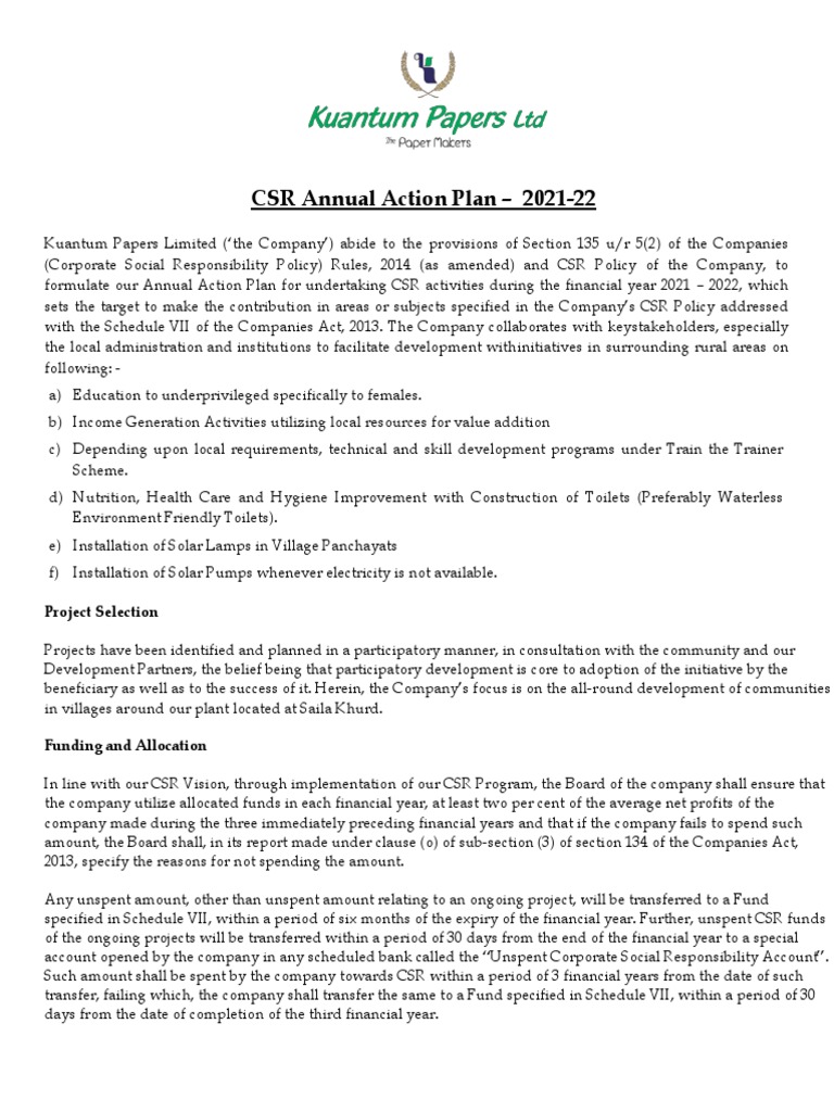 CSR Annual Action Plan FY 2021-2022 | PDF | Corporate Social ...