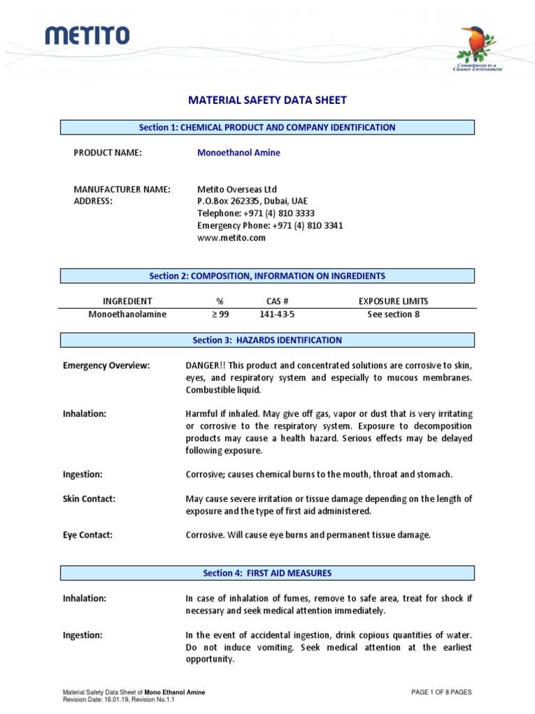 MSDS - Mono Ethanol Amine | PDF | Waste | Waste Management