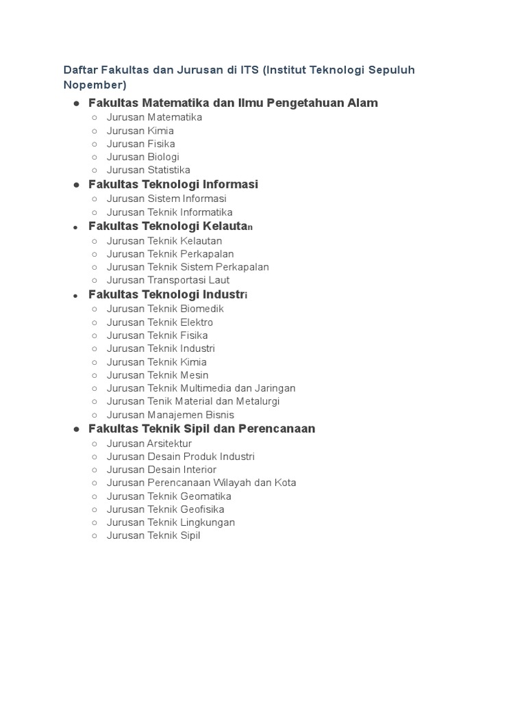 Daftar Jurusan Di Institut Teknologi Sepuluh Nopember (Its) | PDF