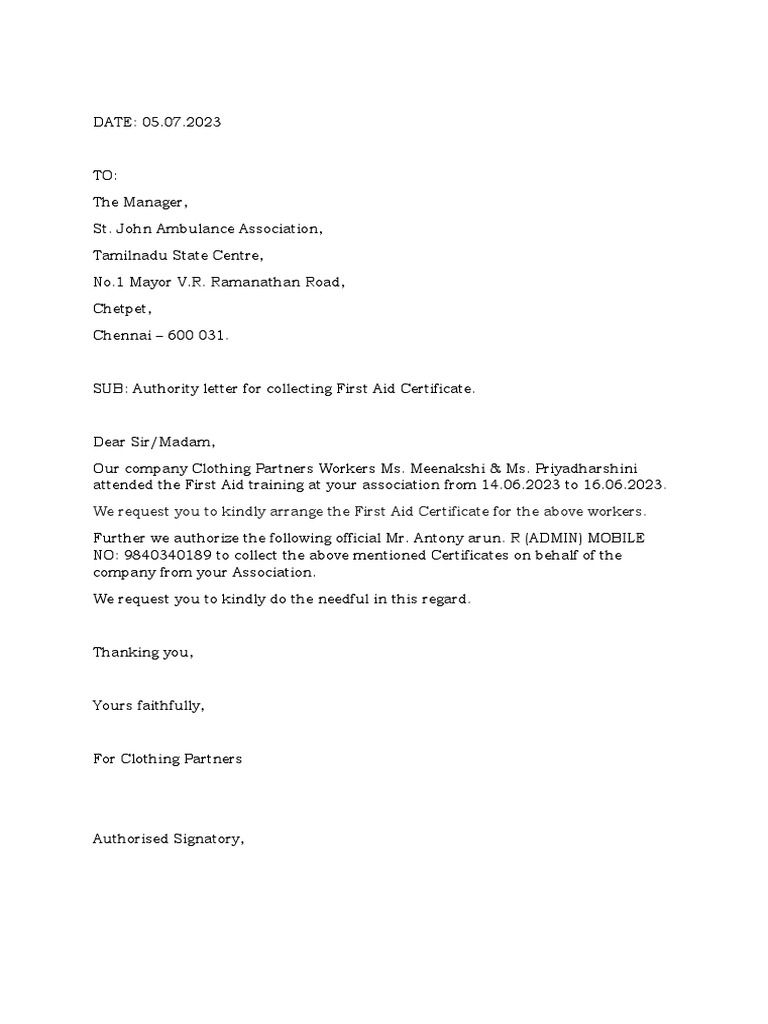 First Aid Authorisation Letter | PDF
