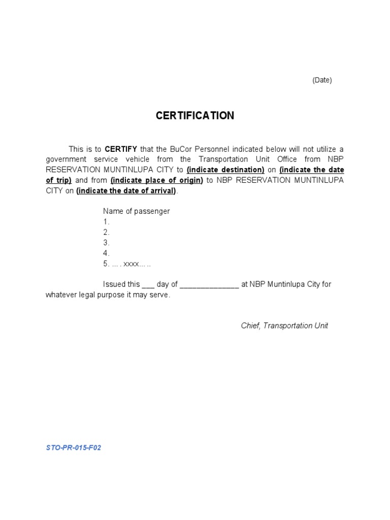 Certification For Non Utilization Of Bucor Vehicle Pdf