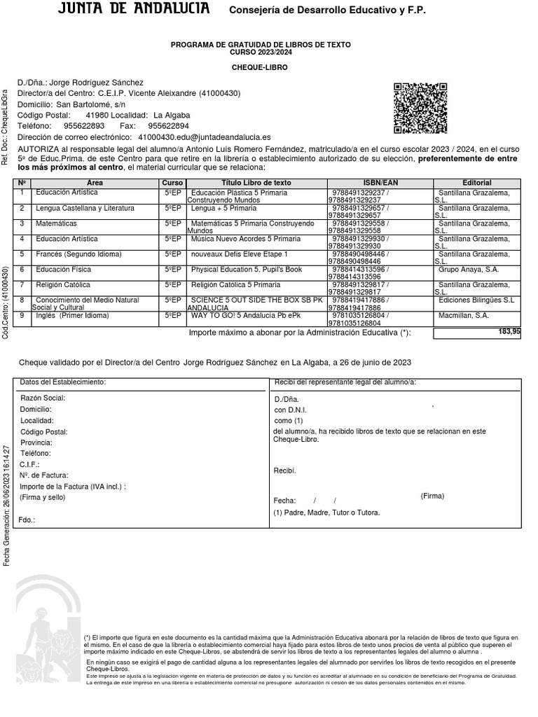Cheque-Libros 2023/2024 para 5º Primaria | PDF