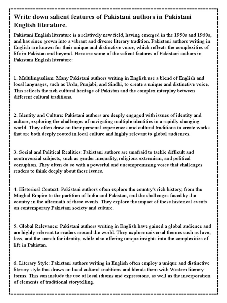 Write Down Salient Features of Pakistani Authors in Pakistani English ...