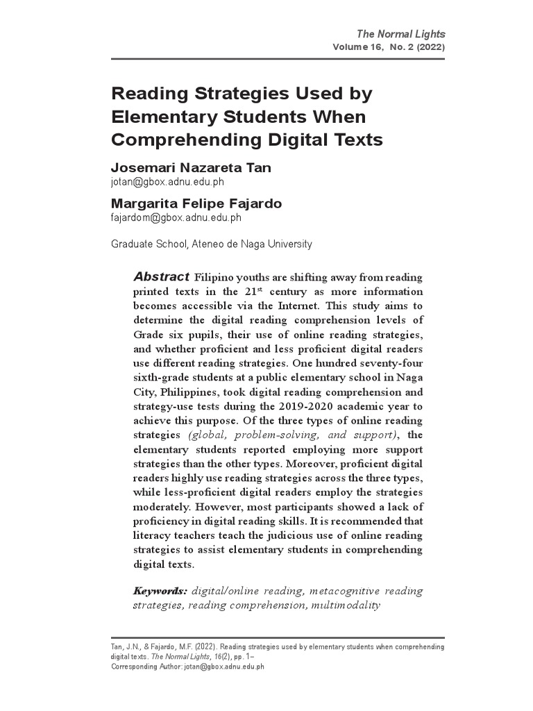 Digital Reading Strategies in Grade Six | PDF | Reading Comprehension ...